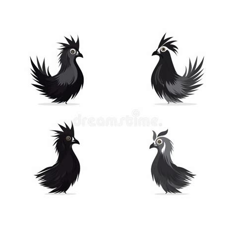 Four Black Rooster Cartoon Set Vector Illustration In Dark Gray And
