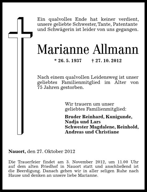 Traueranzeigen Von Marianne Allmann Rz Trauerde