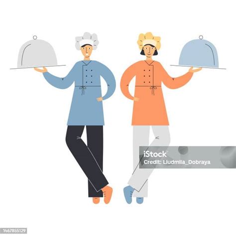 전문 마스터 셰프 남자와 여자가 제복을 입고 쟁반을 들고 요리를 시연합니다 전문 직업 직업 미니멀리스트 개념 요리사 캐릭터