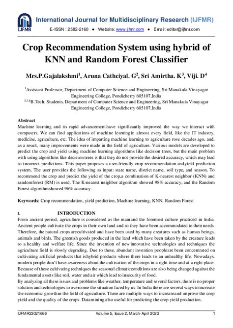 Pdf Crop Recommendation System Using Hybrid Of Knn And Random Forest Classifier