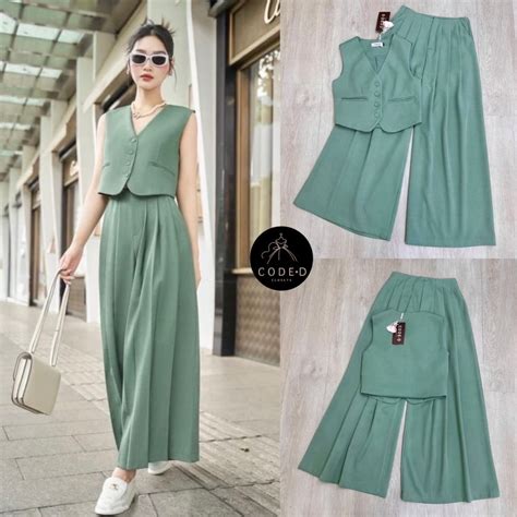 พร้อมส่ง Code D Set 2 ชิ้น เสื้อกั๊ก กางเกงขายาว สีเขียว เสื้อกั๊ก