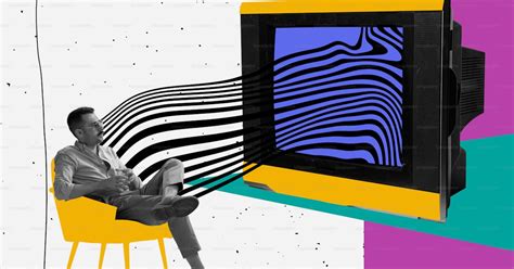 미디어와 그 영향 그림이 있는 추상적인 배경에 복고풍 Tv를 보는 젊은이 현대 미술 콜라주 예술 패션 음악 아이디어 빈티지 복고풍 스타일 상상력 사진