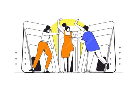 캐릭터가 있는 평면 개요 디자인의 개발자 팀 웹 개념 프리미엄 벡터