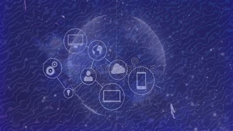 Connected Digital Network Icons Over Globe With Animation On Wavy Blue