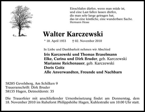 Traueranzeigen Von Walter Karczewski Trauer In Nrwde