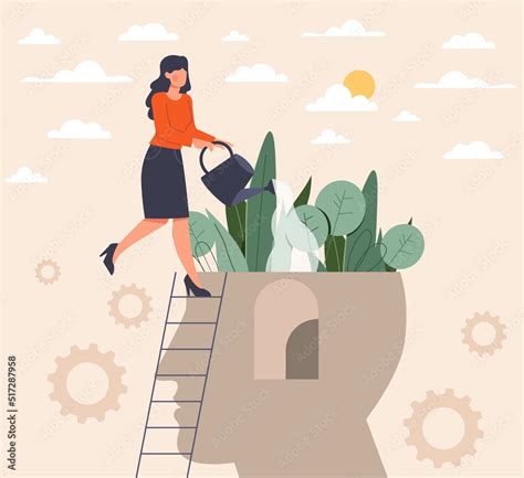 Personal Growth And Improvement Concept Woman Stands On Ladder And Waters Plants In Head