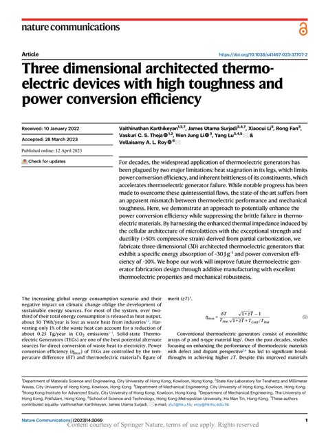 Pdf Three Dimensional Architected Thermo Electric Devices With High Toughness And Power
