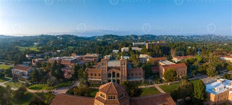 Aerial View Of Ucla Campus In Westwood Los Angeles With Red Brick Buildings And Lush Greenery