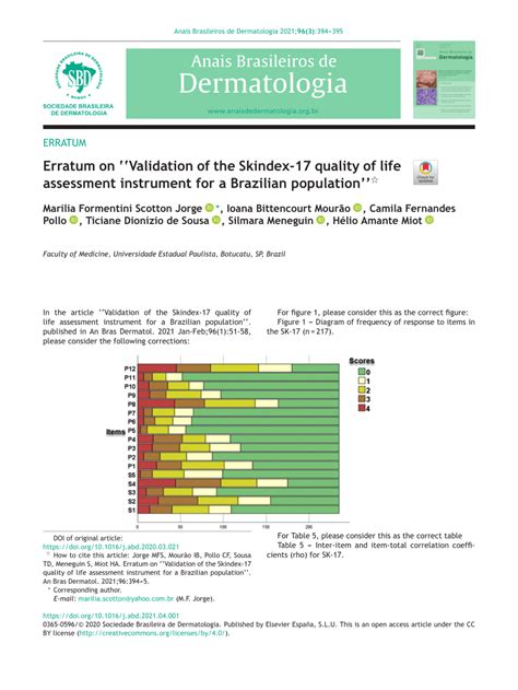 Pdf Erratum On Validation Of The Skindex 17 Quality Of Life