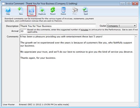 Theatre Manager Manual Use Invoice Comments