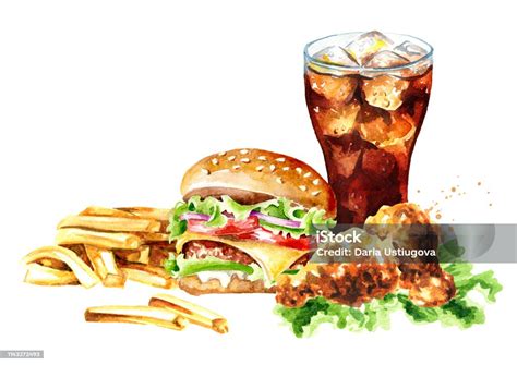 햄버거 프렌치 프라이 스틱 포테이토 바 삭 하 게 튀긴 치 켄과 콜라의 유리 패스트 푸드 개념입니다 수채화 손으로 그린 그림 흰색 배경에 고립 수채화에 대한 스톡 벡터 아트