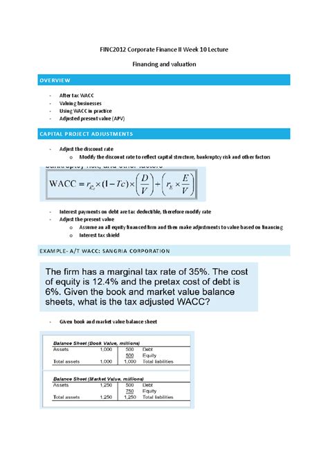 Week 10 Lecture Finc2012 Corporate Finance Ii Week 10 Lecture Financing And Valuation Overview