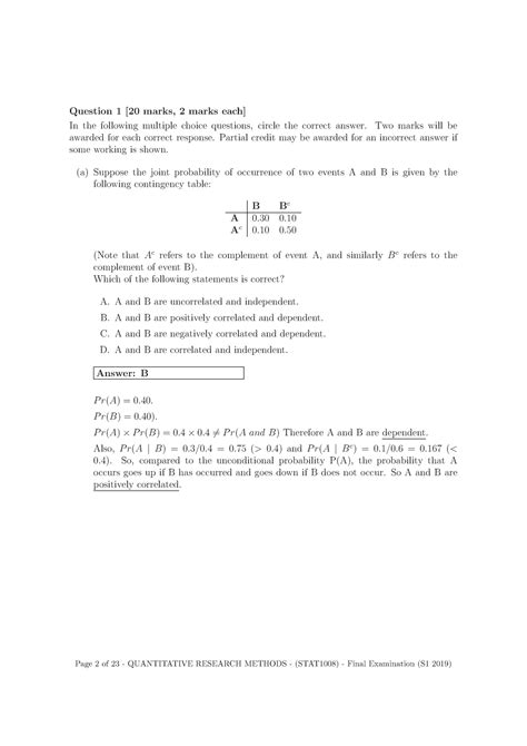 Stat Final Exam S Solutions Question Marks Marks Each In The Following