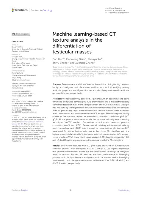 Pdf Machine Learning Based Ct Texture Analysis In The Differentiation Of Testicular Masses