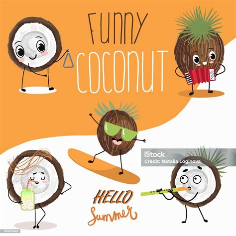 서로 다른 감정과 악기를 가진 다섯 만화 코코넛 캐릭터 세트와 서핑 보드 여름 카페 여름 세일 생일 어린이 개념 Friendly Match에 대한 스톡 벡터 아트 및 기타