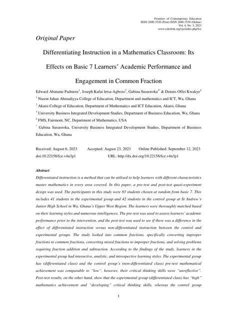 Pdf Original Paper Differentiating Instruction In A Mathematics