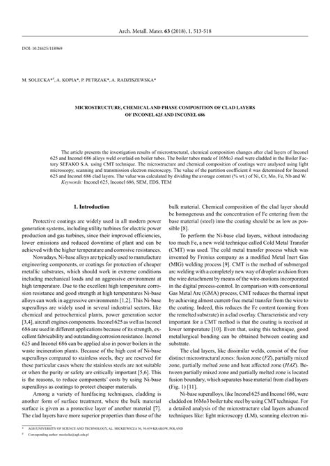 Pdf Microstructure Chemical And Phase Composition Of Clad Layers Of Inconel 625 And Inconel 686