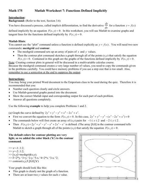 Math 175 Matlab Worksheet 7 Functions Defined Implicitly