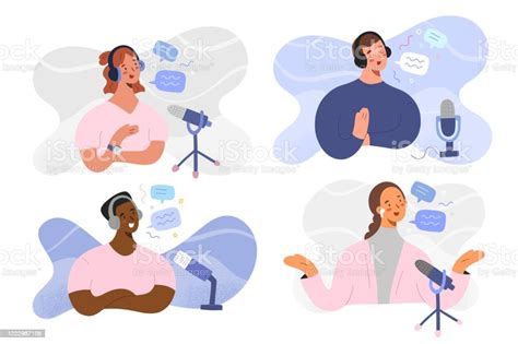 팟 캐스트 호스트 사람들 여성과 남자 캐릭터 녹음 라디오 프로그램 작업 공간에서 방송 고립 된 벡터 일러스트 레이션 평면 만화 헤드폰 마이크와 콘텐츠를 만드는 블로거 라디오