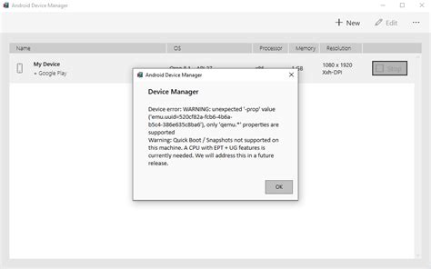 Android Device Error Warning Unexpected Prop Value Emuuuid520cf82a Fcb6 4b6a B5c4
