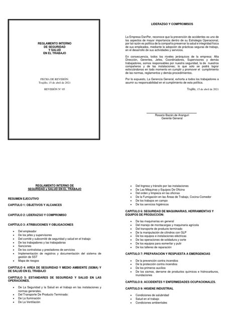 Reglamento Interno De Seguridad Risst Dt Sst Rg P03 05 01 Rev05 Pdf Seguridad Y Salud