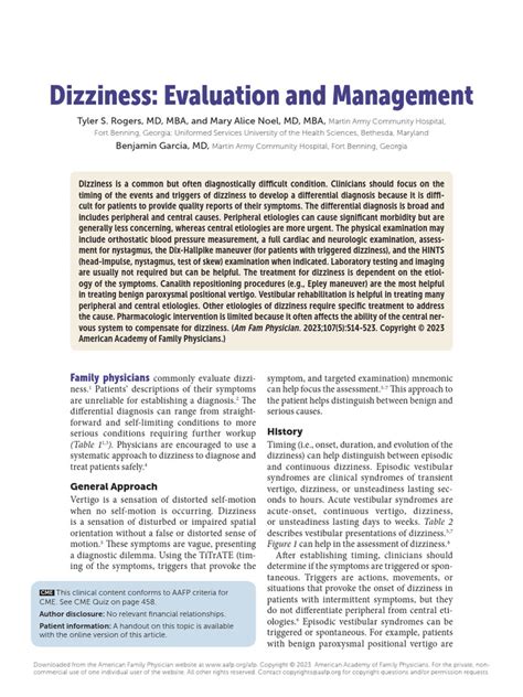 Aafp Dizziness Evaluation And Management Pdf Vertigo Ménières