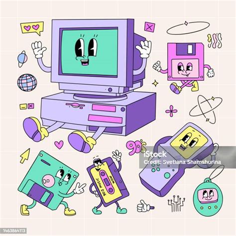 다양한 복고풍 전자 저장 장치 캐릭터 세트 플로피 디스크 또는 디스켓 컴팩트 카세트 Pc 테트리스 다마고치의 그루브 90년대 만화 스타일 마스코트 등고선 벡터 그림입니다