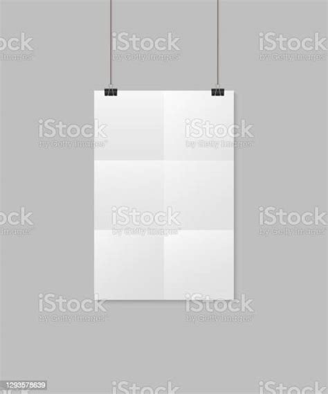 접힌 종이 시트의 모형 로프와 클립이 있는 흰색 포스터 세로 빈 그림자와 A4를 모의 회색 배경에 주름이 분리된 페이지입니다