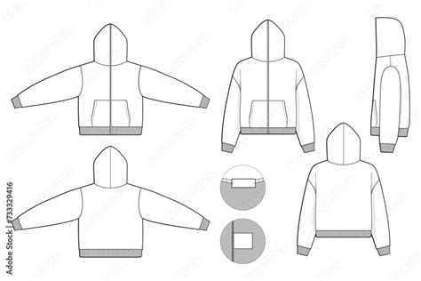 Full Zip Hoodie Sweatshirt Flat Technical Drawing Illustration Mock Up