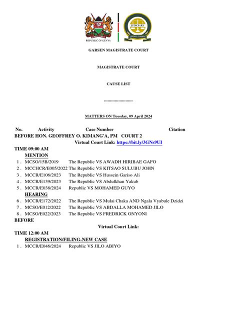 Garsen Magistrate Court Cause List April 2024 Pdf
