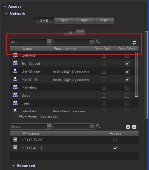 how do i configure user and group network access settings on my