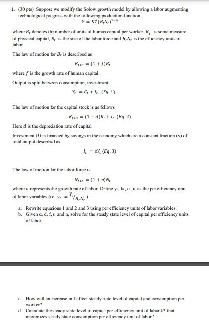 Solved 1 30 Pts Suppose We Modify The Solow Growth Model