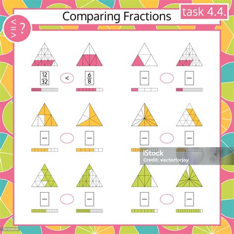 분수 수학 워크시트를 비교합니다 삼각형입니다 수학 퍼즐입니다 교육 게임입니다 벡터 일러스트입니다 개발에 대한 스톡 벡터 아트 및 기타 이미지 Istock