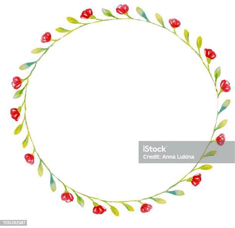 작은 밝은 녹색 잎과 작은 붉은 꽃의 프레임은 데 칼 플레이트 또는 빈 센터와 초대장에 적합 수채화로 그린 여름에 대한 스톡 벡터 아트 및 기타 이미지 Istock