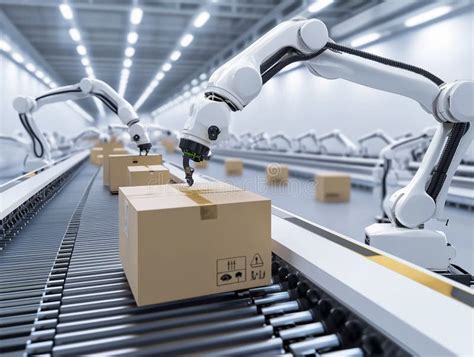 Automated Robotic Arms Efficiently Handling Packages On Conveyor Belt In Modern Warehouse This