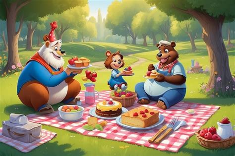 Premium Photo Cartoon Characters Picnic While Cake Bakes