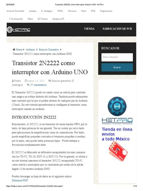 transistor 2n2222 como interruptor arduino uno hetpro pdf