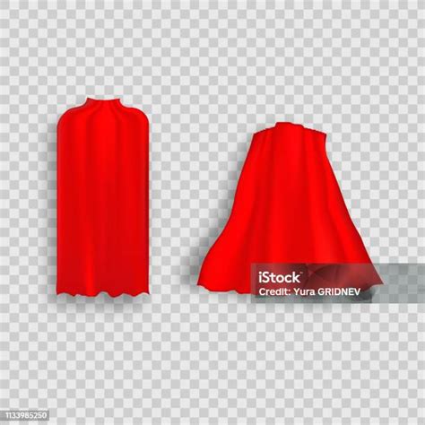 다른 위치에 슈퍼 히어로 레드 케이프 전면 측면 및 흰색 바탕에 다시 보기 슈퍼히어로에 대한 스톡 벡터 아트 및 기타 이미지