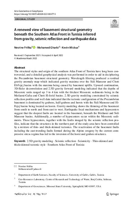 Pdf A Renewed View Of Basement Structural Geometry Beneath The Southern Atlas Front In Tunisia