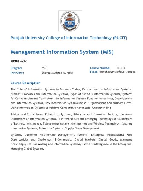 Information Systems Course Outline Bsit Pdf Management Information System Information System