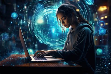 Digital Technology Internet Big Data Digital Marketing Iot Woman Using Modern Computer Premium