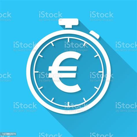 유로 기호가 있는 스톱워치 파란색 배경에 아이콘 긴 그림자가 있는 평면 디자인 0명에 대한 스톡 벡터 아트 및 기타 이미지 0명 3차원 형태 개념 Istock