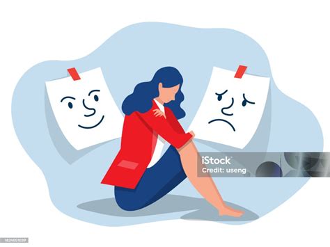 혼란스러워하는 여자 가면 증후군 양극성 장애 가짜 얼굴과 감정 아래 행복과 슬픔의 혼합 감정 심리학 거짓 행동 또는 사기꾼벡터 일러스트레이터 벡터에 대한 스톡 벡터 아트 및