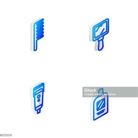 이소메트릭 라인 핸드 미러 헤어 브러시 전기 헤어 클리퍼 면도기 및 샴푸 아이콘 병을 설정합니다 벡터 3차원 형태에 대한 스톡 벡터 아트 및 기타 이미지 Istock