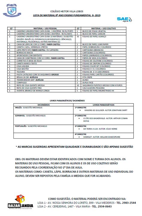 8 Ano Lista De Material Escolar Riset