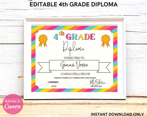 Rainbow 4th Grade Diploma Certificate Printable End Of Year