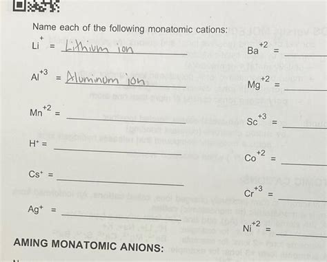 Solved 回站 Name Each Of The Following Monatomic Cations Lit