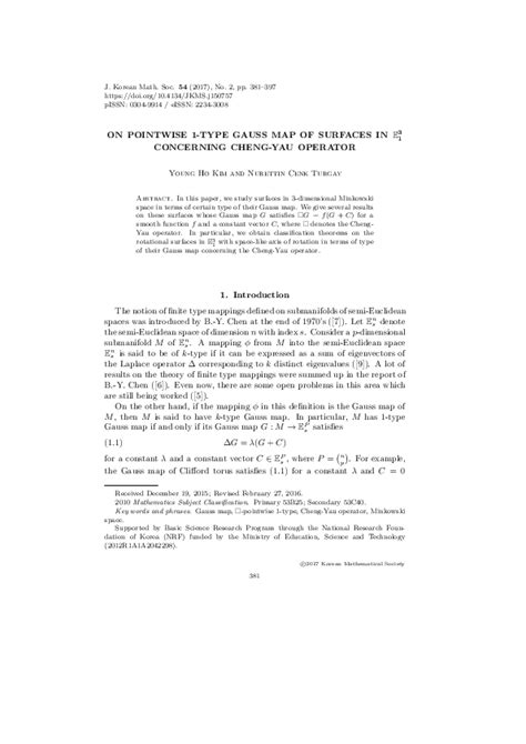 Pdf On Pointwise 1 Type Gauss Map Of Surfaces In 31 Concerning Cheng Yau Operator