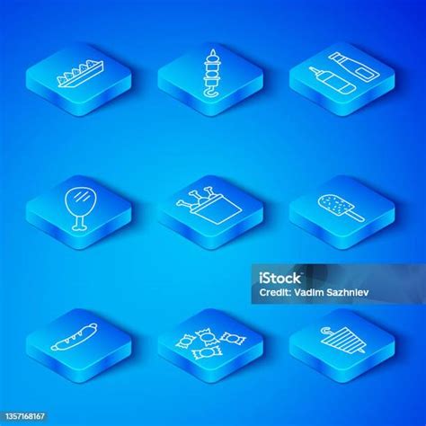 세트 라인 핫도그 샌드위치 패키지 상자에 치킨 다리 사탕 아이스크림 소스 병 나초 접시와 구운 시쉬 케밥 아이콘 벡터 3차원 형태에 대한 스톡 벡터 아트 및 기타 이미지