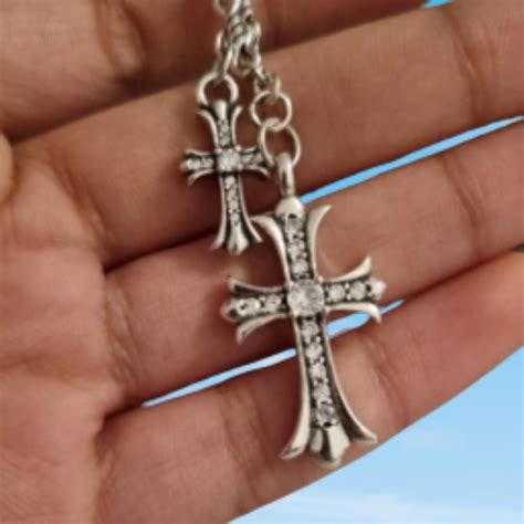 Antique Silver Double Crystal Cross Pendant Depop